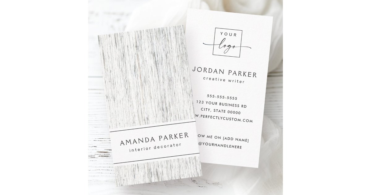 Light gray wood grain custom logo vertical business card | Zazzle