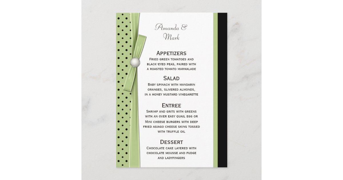 Light Green Black Polka Dot Menu Cards | Zazzle