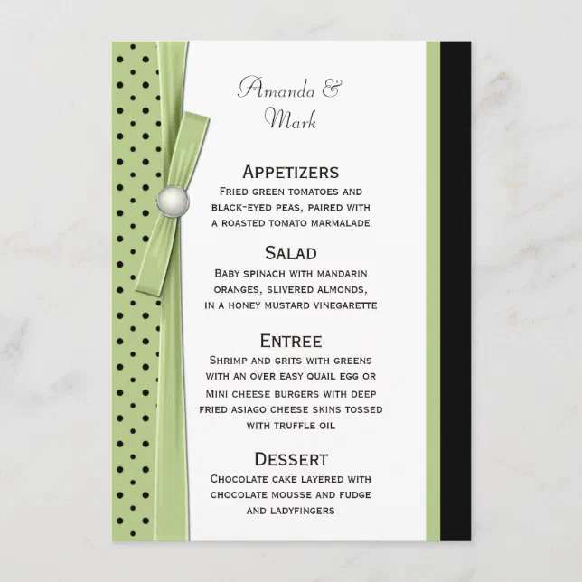 Light Green Black Polka Dot Menu Cards | Zazzle