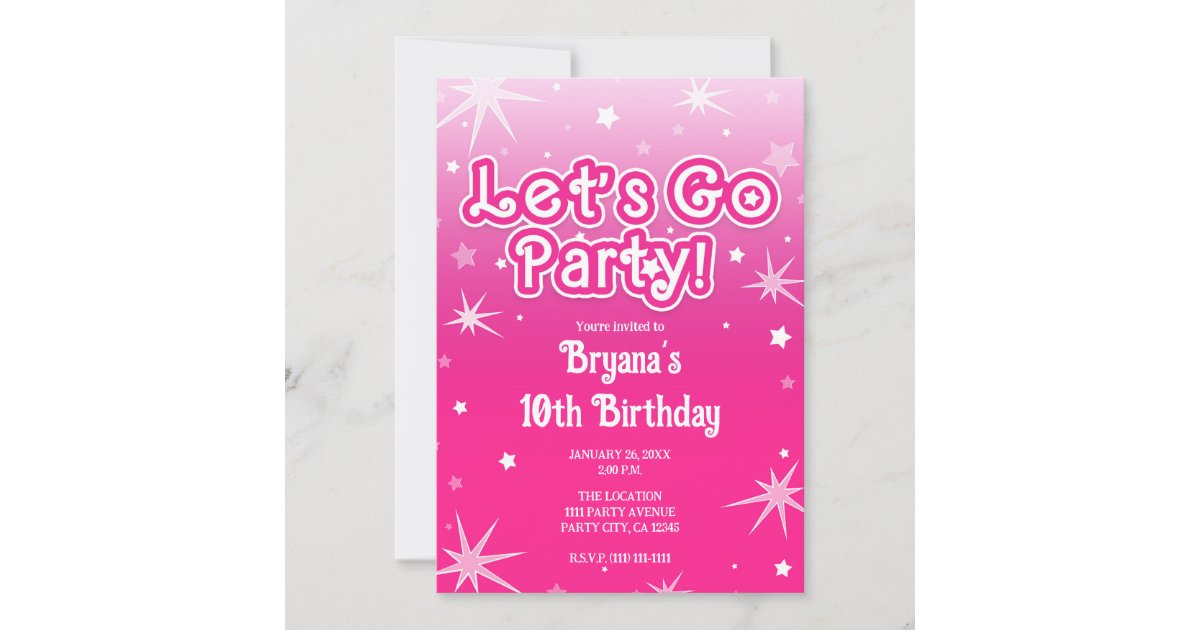 Light & Hot Pink Sparkle Stars Let's Go Party Invitation | Zazzle