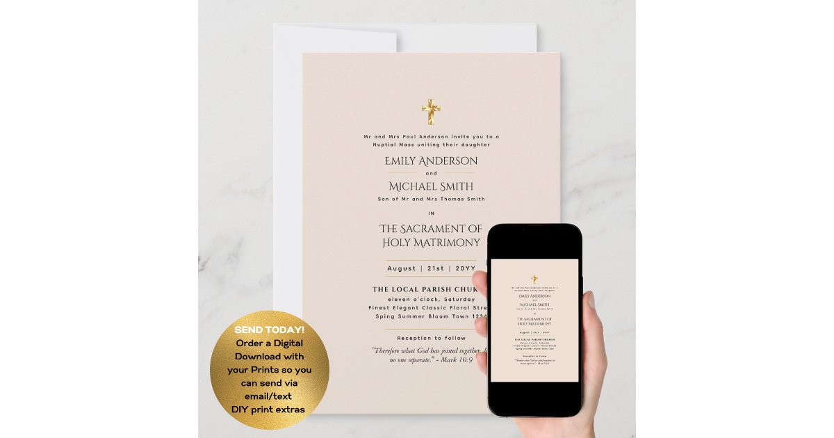 Light Peach Catholic Nuptial Mass Wedding Invitation | Zazzle
