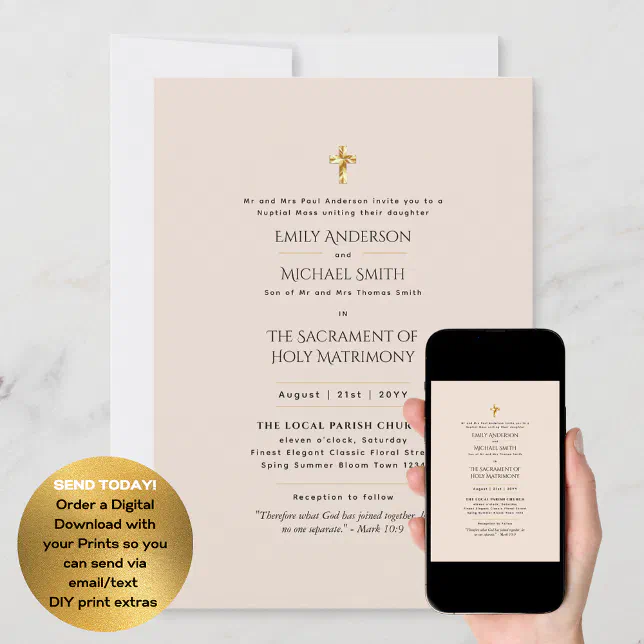 Light Peach Catholic Nuptial Mass Wedding Invitation | Zazzle