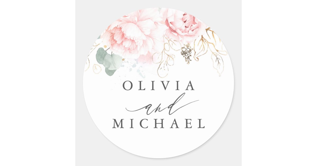 Light Pink Flowers Elegant Modern Wedding Classic Round Sticker | Zazzle