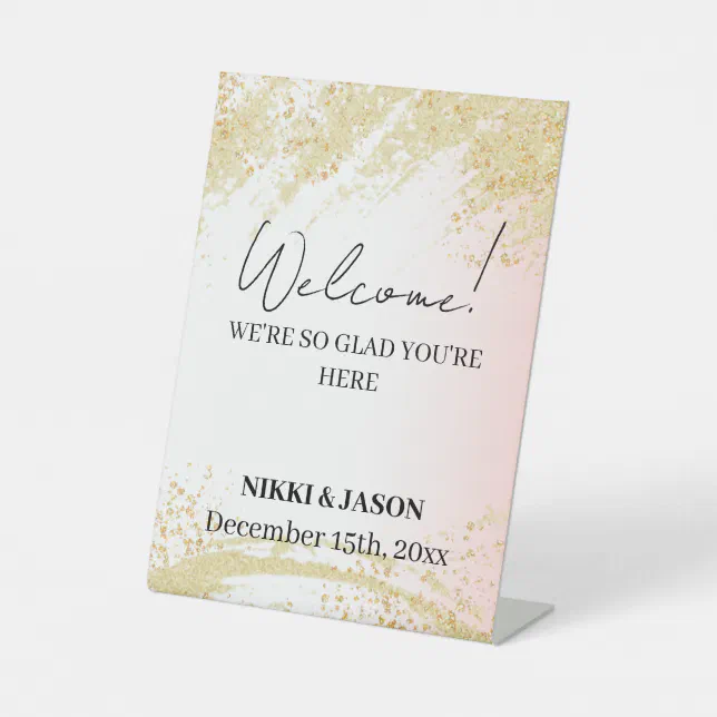 Light Pink Glitter Golden Splash Wedding Welcome Pedestal Sign | Zazzle