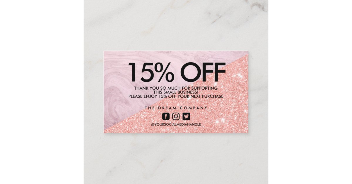 Light Pink Glitter Marble Discount Thank You Business Card | Zazzle