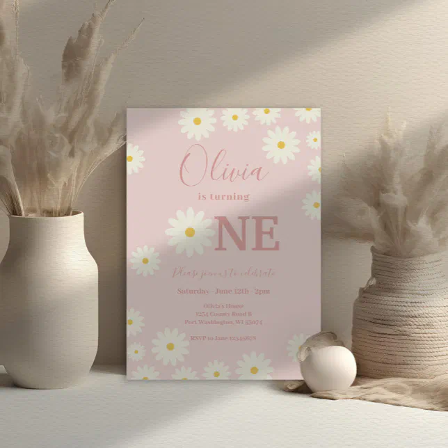 Light Pink Retro Daisy Floral 1st Birthday Party Invitation | Zazzle