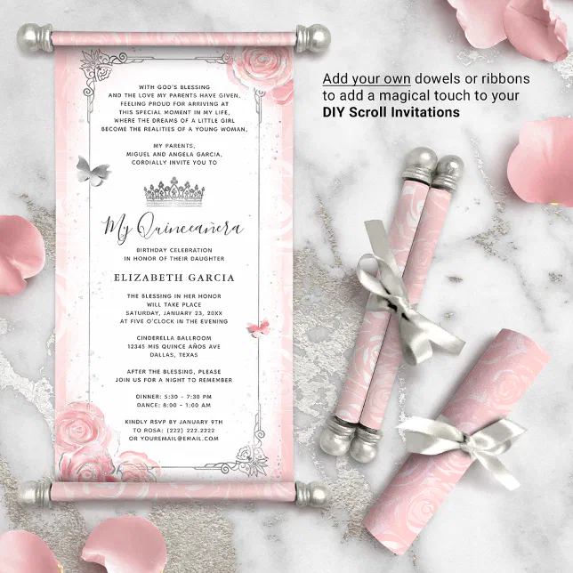 Light Pink Silver Quince DIY Scroll Invitations | Zazzle