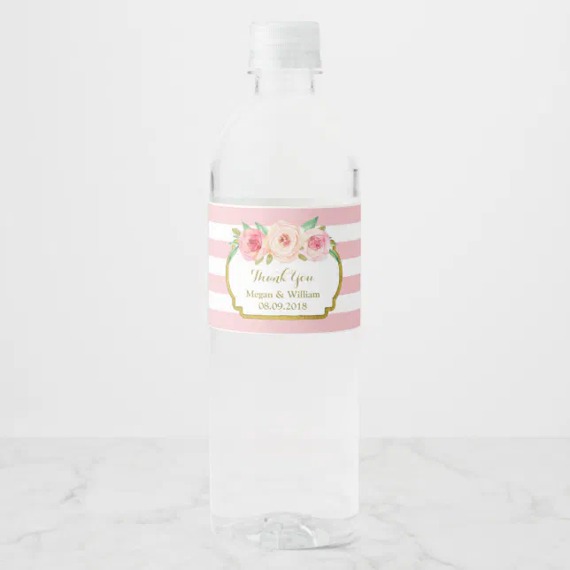 Light Pink Stripes Floral Gold Water Bottle Label | Zazzle