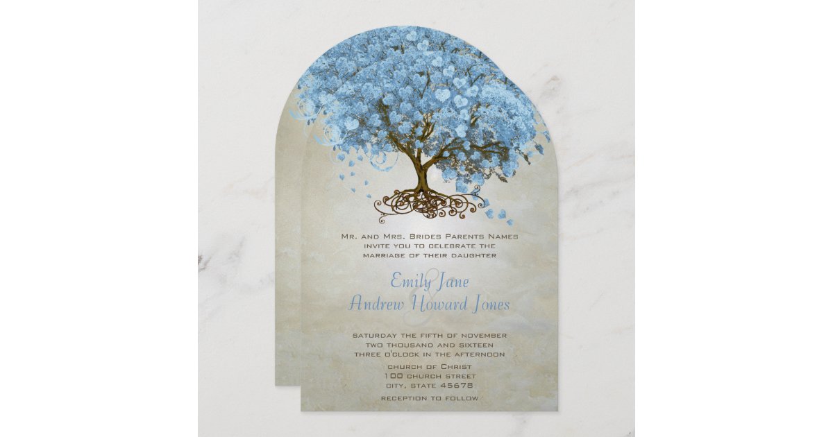 Light Powder Blue Heart Leaf Tree Wedding Invitation | Zazzle