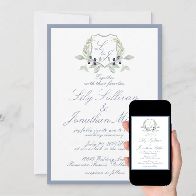 Light Powder Blue Romantic Monogram Crest Wedding Invitation | Zazzle
