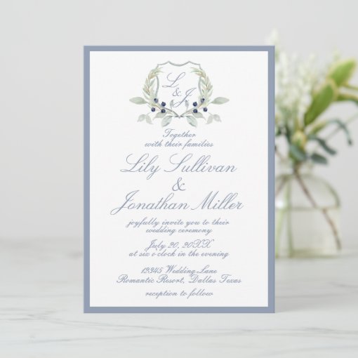 Light Powder Blue Romantic Monogram Crest Wedding Invitation | Zazzle