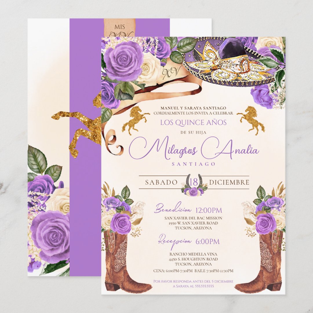 Light Purple Roses Western Charro Quinceañera Invitation | Zazzle