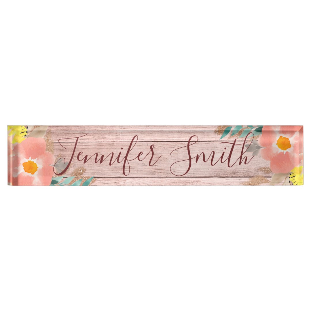 Light Rose Gold Rustic Wood Watercolor Floral Desk Name Plate | Zazzle