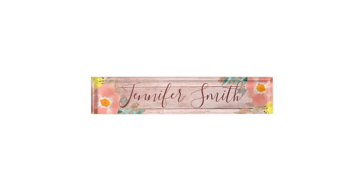 Light Rose Gold Rustic Wood Watercolor Floral Desk Name Plate | Zazzle.com