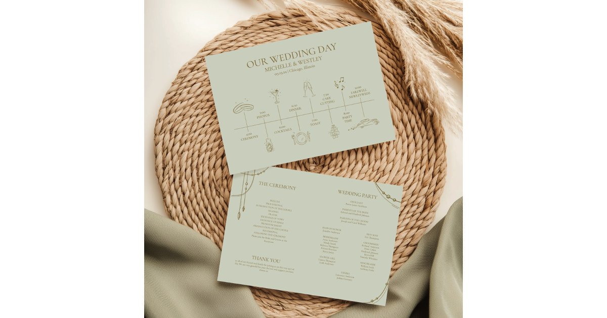 Light Sage Green Boho Draped Beaded Wedding Program | Zazzle