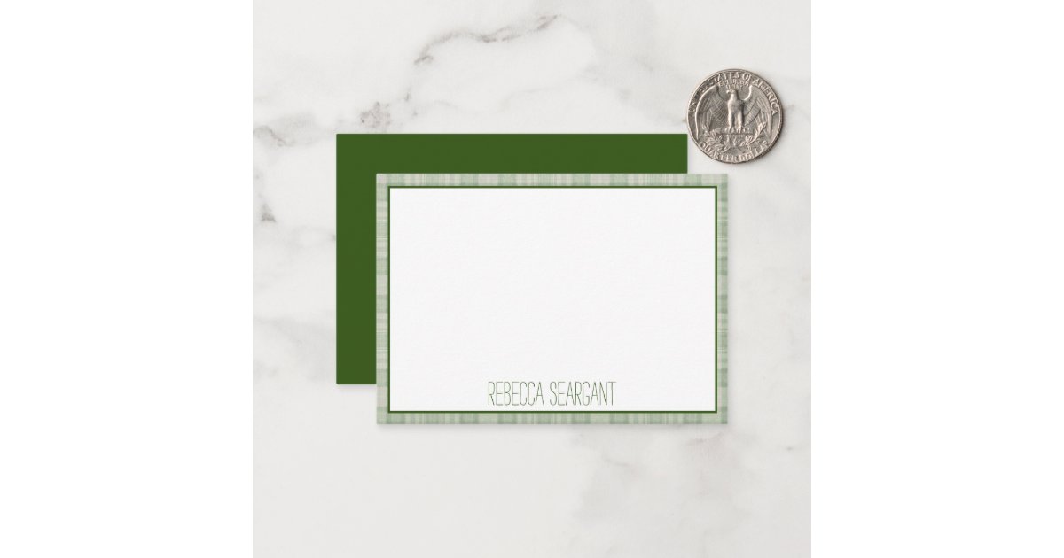 Light sage green plaid border personalized note card | Zazzle