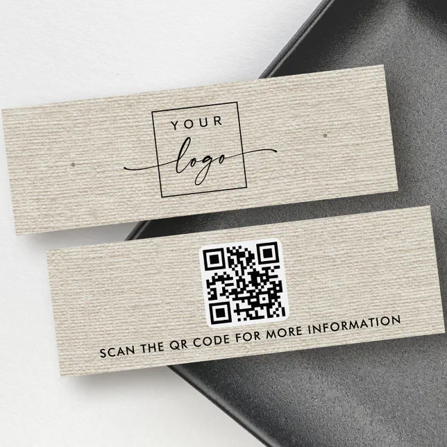 Light tan linen logo QR stud earring display card | Zazzle