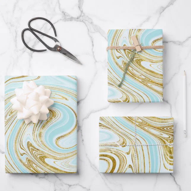 Light Turquoise and Gold Marble Look Wrapping Paper Sheets | Zazzle