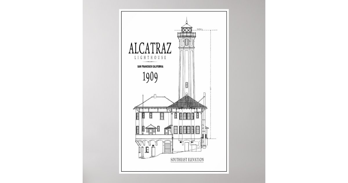 LIGHTHOUSE at ALCATRAZ ISLAND ARCHITECTURE DRAWING Poster | Zazzle