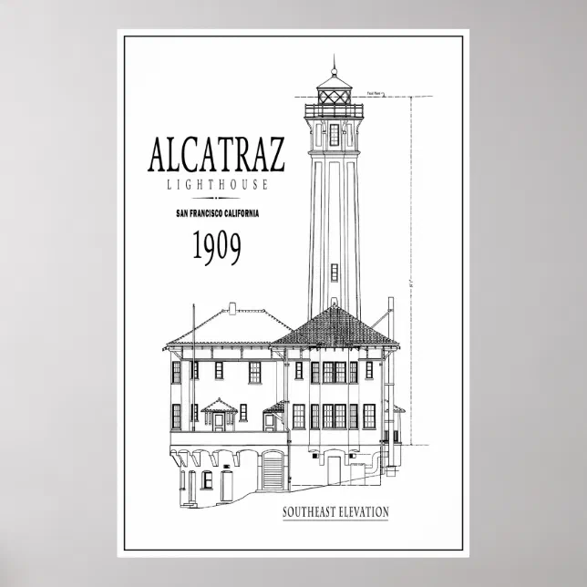 LIGHTHOUSE at ALCATRAZ ISLAND ARCHITECTURE DRAWING Poster | Zazzle