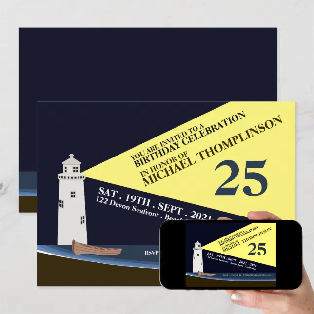 Lighthouse at Night, Beach Birthday Party Invitation | Zazzle