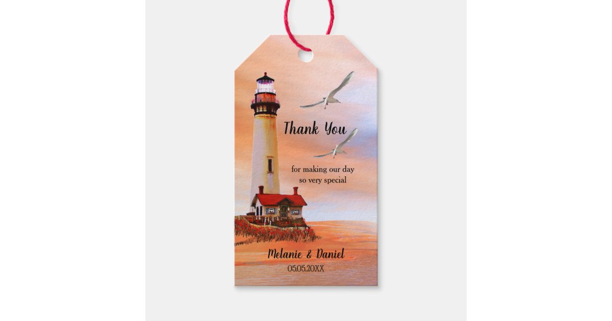 Lighthouse Beach Wedding Thank You Gift Tag | Zazzle