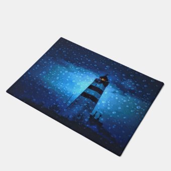 Lighthouse blue a rainy dark night with drops doormat | Zazzle