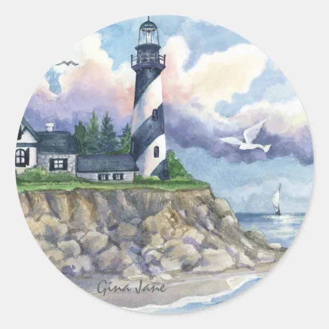 Lighthouse by the Sea Classic Round Sticker | Zazzle