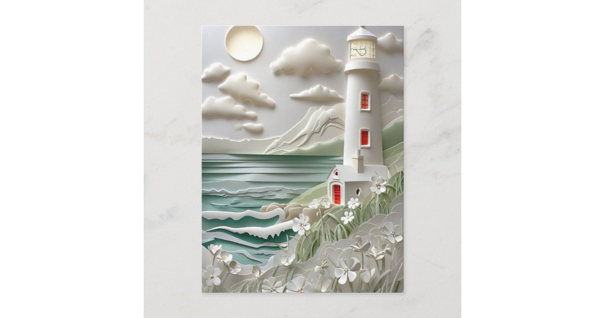 lighthouse coastal landscape papercut style postcard | Zazzle