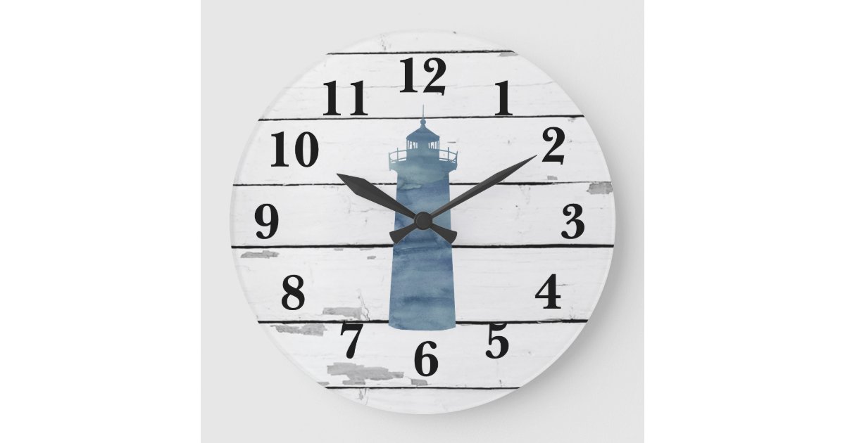 Lighthouse Nautical Blue Shiplap Rustic Decor Large Clock | Zazzle