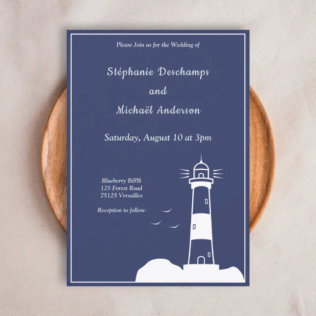 Lighthouse Navy Blue Wedding Invitation | Zazzle