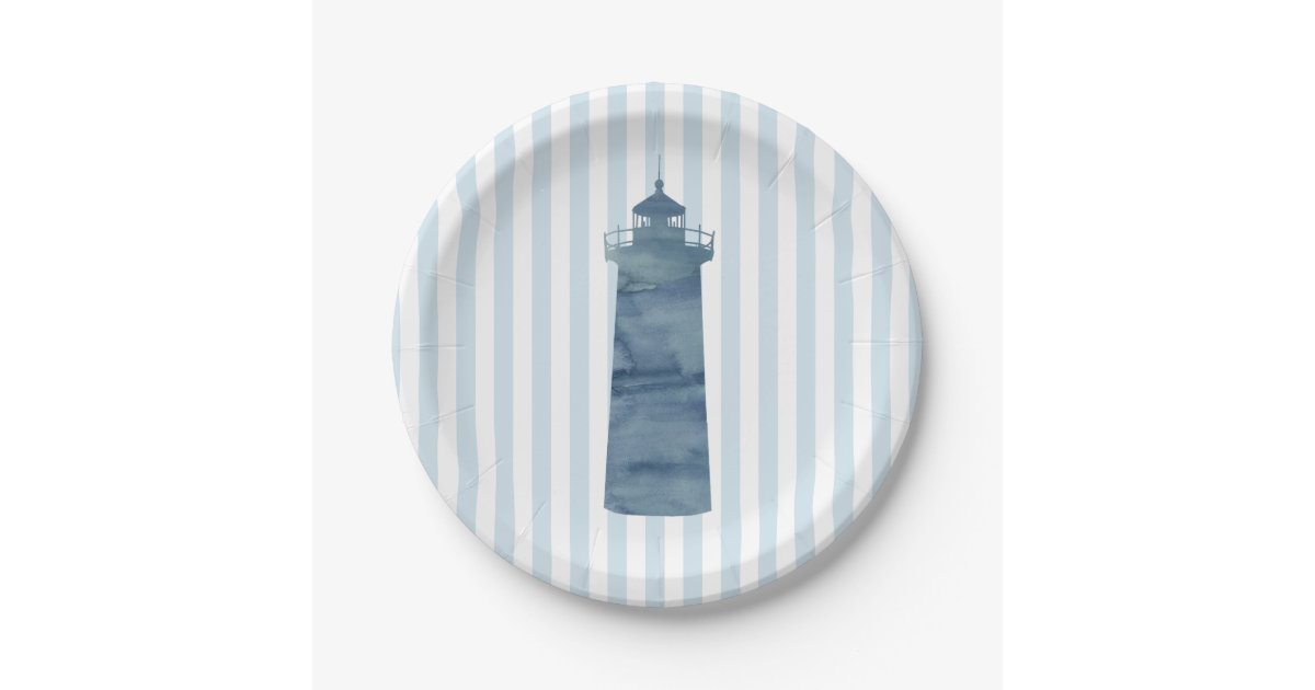 Lighthouse Painting Nautical Stripe Paper Plates | Zazzle