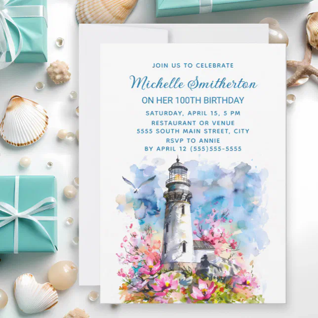 Lighthouse Pink Flowers 100th Birthday Invitation | Zazzle