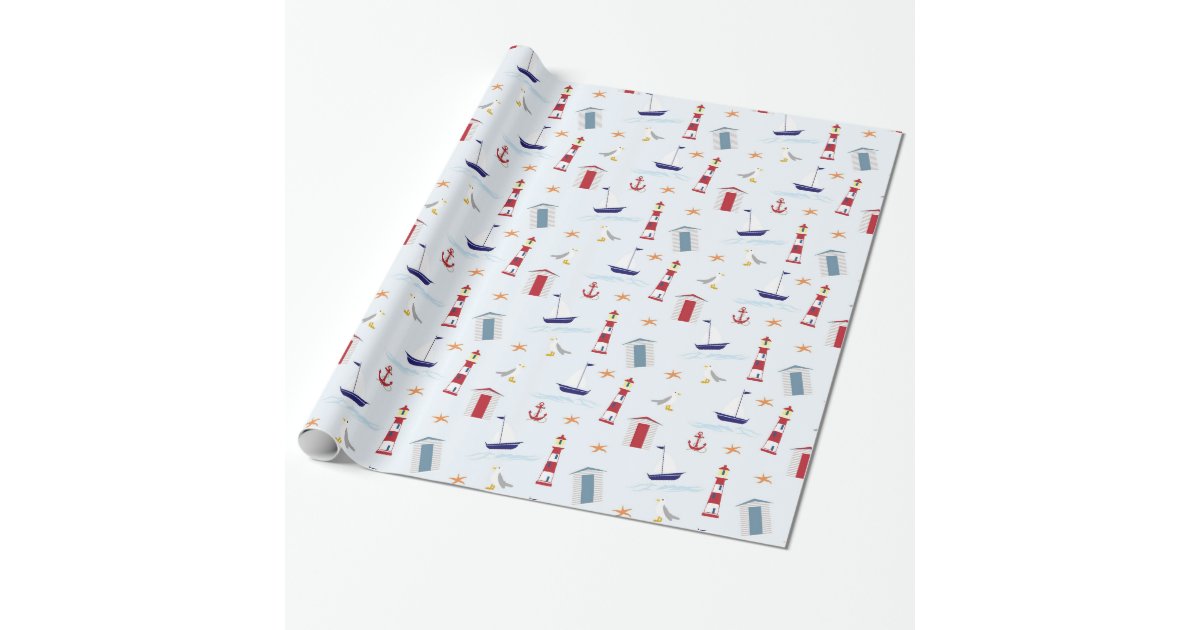 Lighthouse Sailboat Starfish Nautical Baby Shower Wrapping Paper | Zazzle