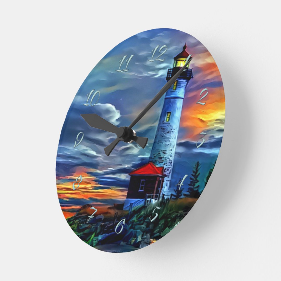 Lighthouse Sunset Round Clock | Zazzle
