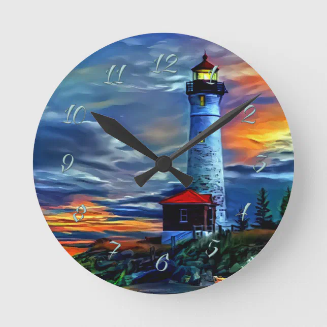 Lighthouse Sunset Round Clock | Zazzle