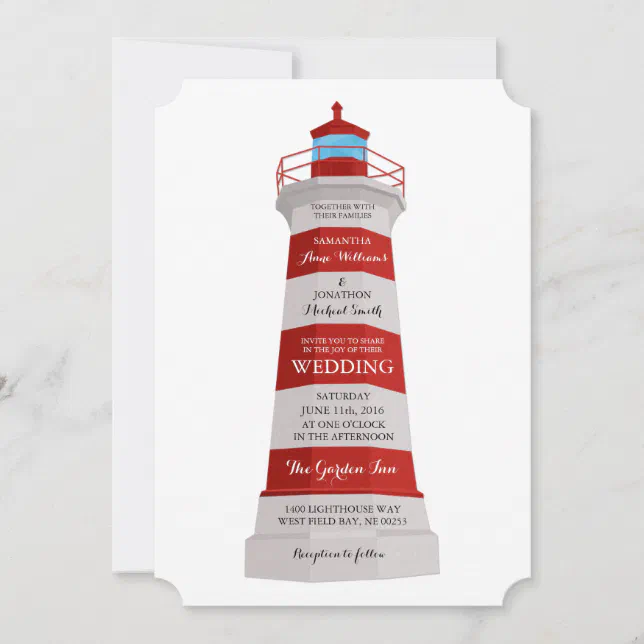 Lighthouse Wedding Invitation Red and White | Zazzle