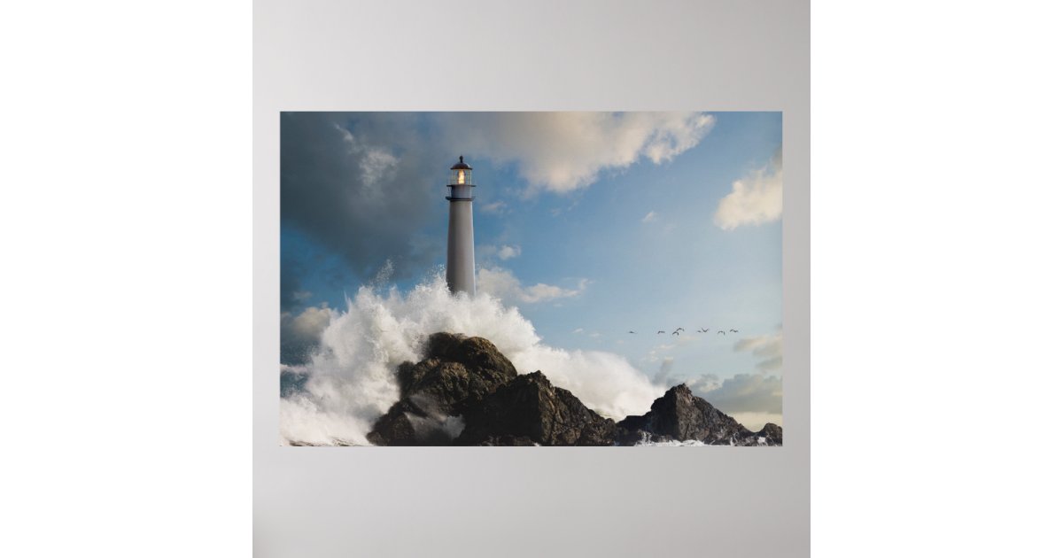 Lighthouses | Lighthouse With Crashing Waves Poster | Zazzle