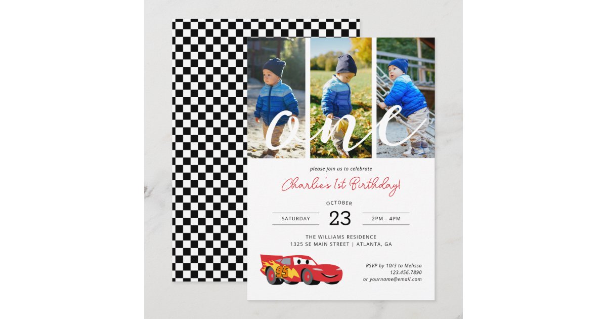 Lightning McQueen 1st Birthday | Photo Collage Invitation | Zazzle