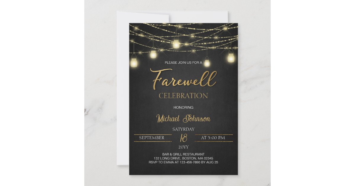 Lights and Gold Elegant Script Farewell Party Invitation | Zazzle
