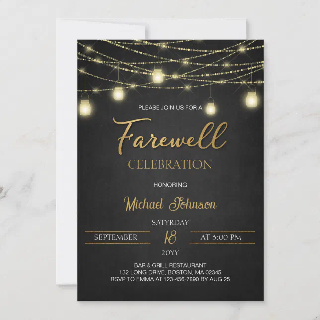 Lights and Gold Elegant Script Farewell Party Invitation | Zazzle