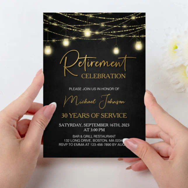 Lights and Gold Elegant Script Retirement Party Invitation | Zazzle