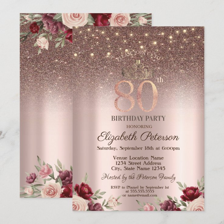 Lights,Burgundy Glitter, Rose Gold 80TH Birthday Invitation | Zazzle