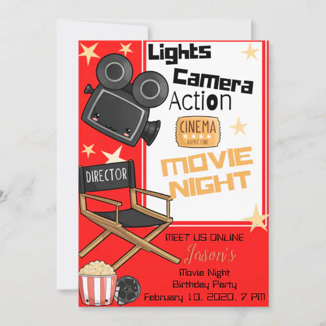 Lights Camera Action Birthday Invitation Card | Zazzle