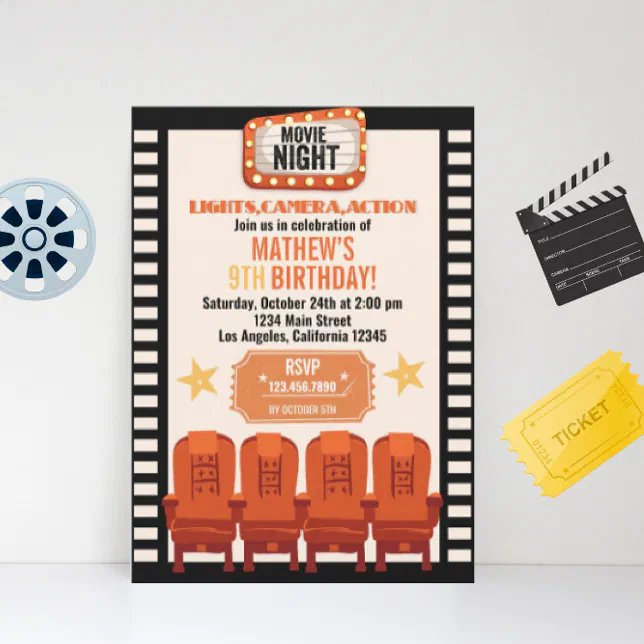 Lights Camera Action Movie Night Birthday Invitation | Zazzle