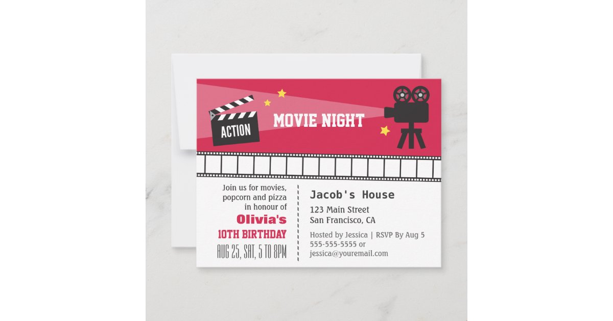 Lights Camera Action Movie Night Birthday Party Invitation | Zazzle