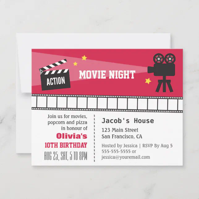 Lights Camera Action Movie Night Birthday Party Invitation | Zazzle