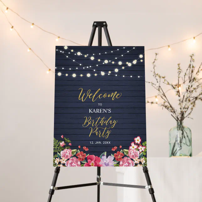 Lights & Flower Wood Birthday Party Welcome Sign | Zazzle