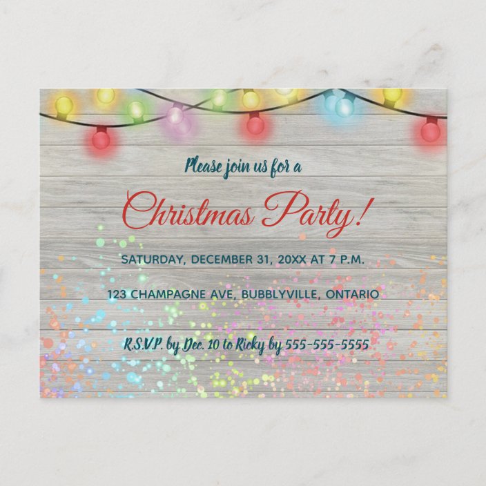 Lights on Light Wood Christmas Party Invitation Postcard | Zazzle.com