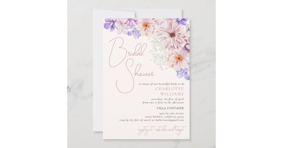 Lila Purple Bright Colorful Flowers Bridal Shower Invitation | Zazzle